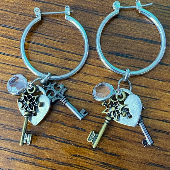 Jewelry | Silver And Gold Hoop Earrings With Keys And Heart Dangle ...